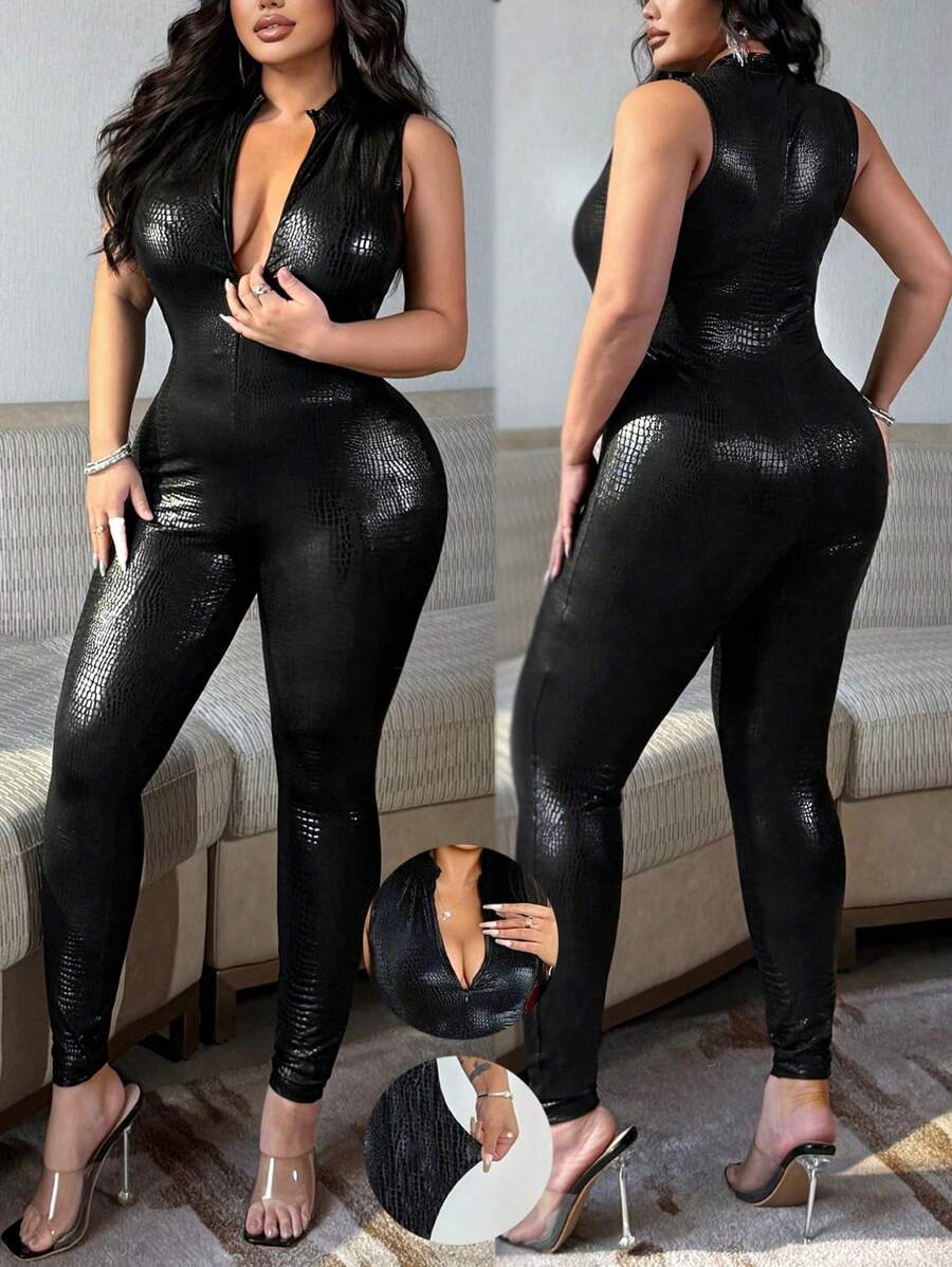 NU&NOW Plus Size Women Sexy Shiny Faux Crocodile Skin Front & Back Zip-Up Sleeveless Jumpsuit ...