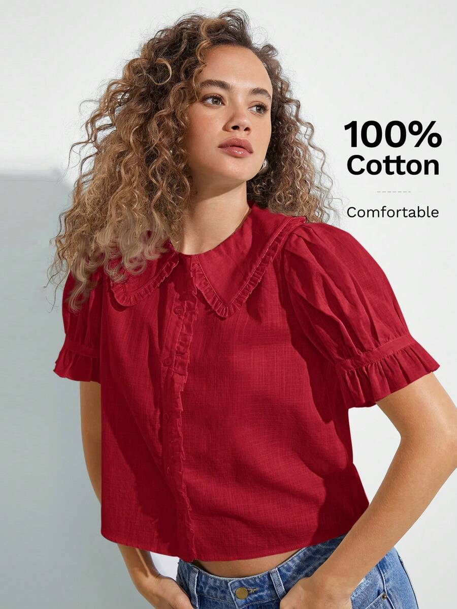 WESTFADE Holiday Cute Ruffle Collar Half Sleeve 100% Cotton Button Up ...