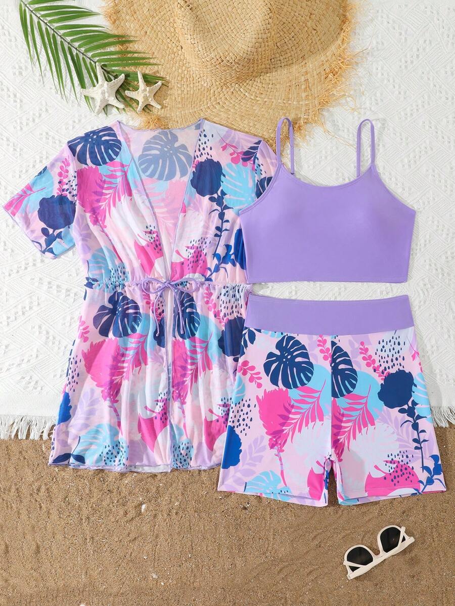 Teen Girl Summer Vacation Beach Leaf Print Bikini Set And Cover Up ...