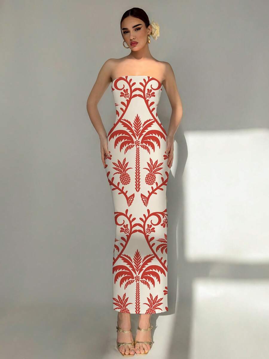 Aloruh New Elegant Sexy Form-Fitting Palm Tree Graphic Midi Dress For ...