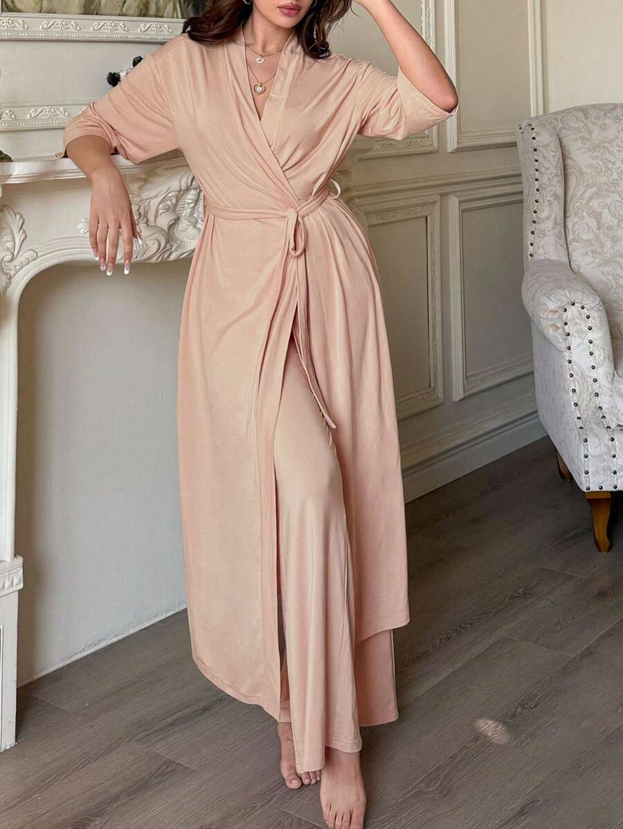 DAZY Minimalist Solid Color Soft Knit Maxi Robe & Pants Sleepwear Set ...