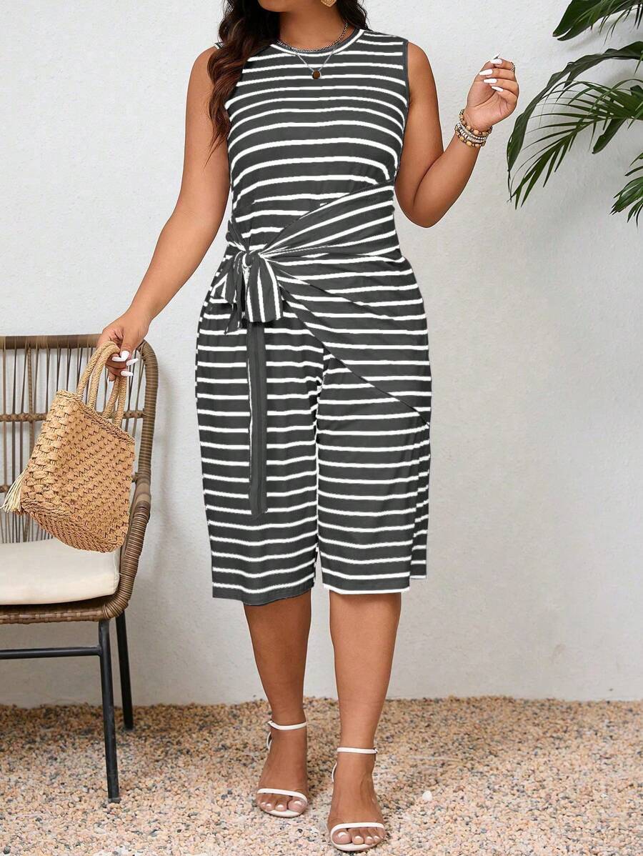 Calvaya Plus Size Crew Neck Sleeveless Contrast Striped Fabric Wrapped Asymmetrical Bowknot ...