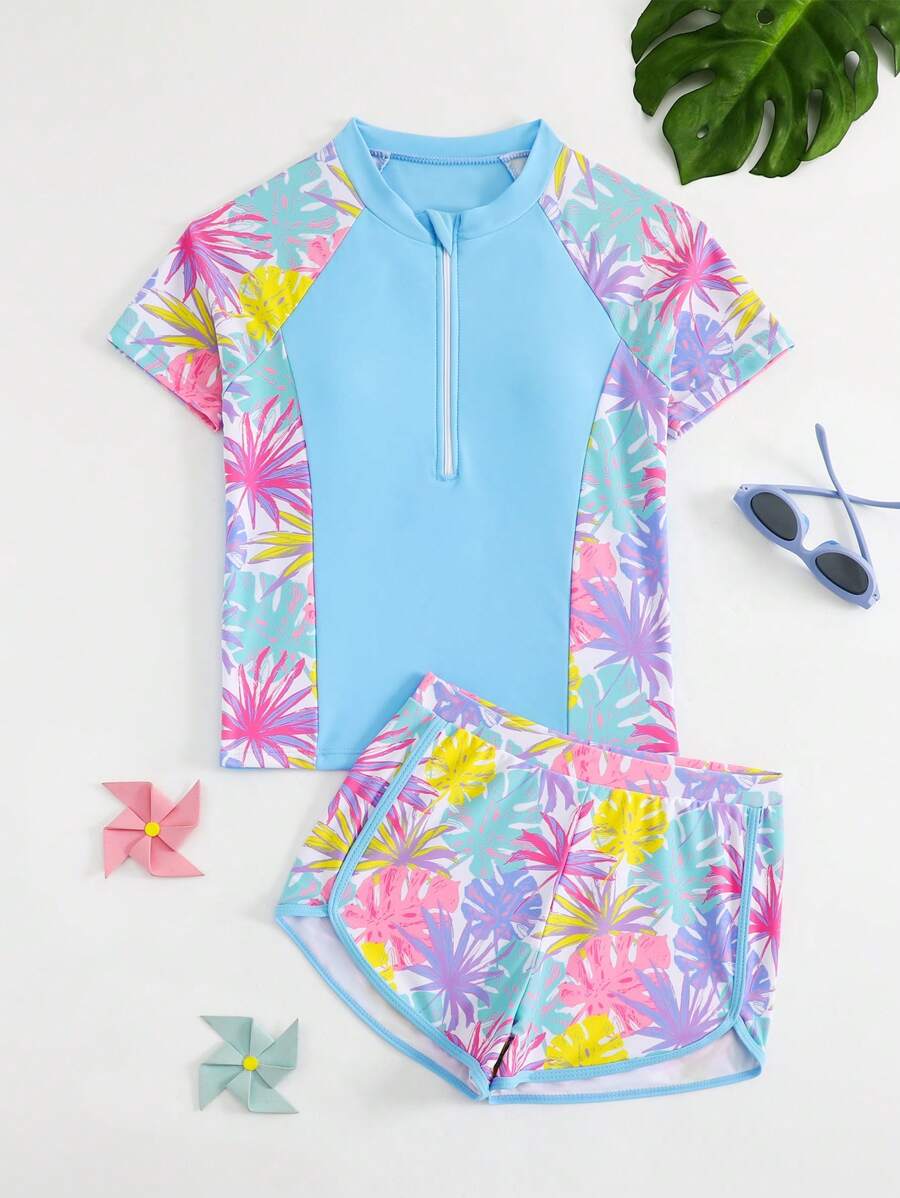 SHEIN Tween Girl Tropical Plant Print Bishop Sleeve Tankini Swimsuit ...