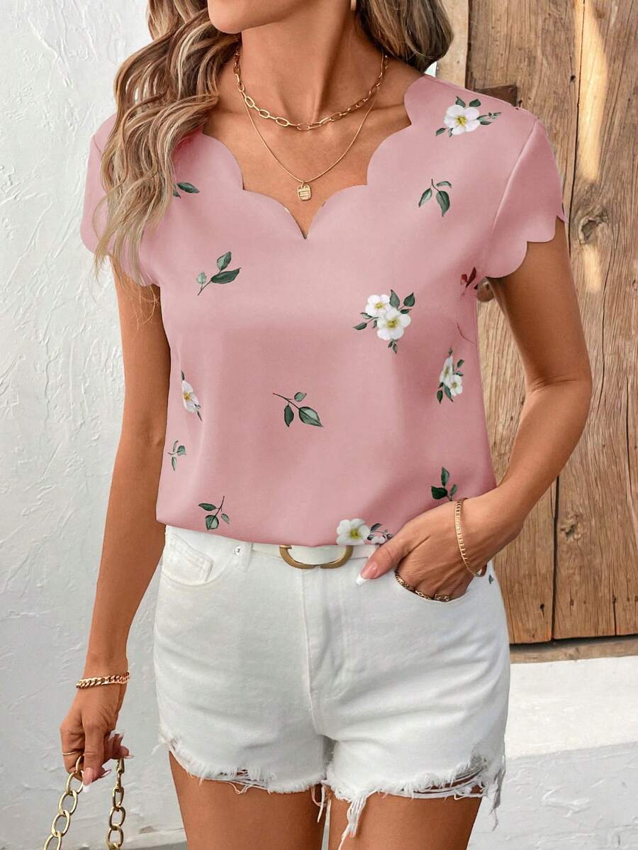 SHEIN Clasi Women's Elegant V-Neck Shell Trim Green Floral Print Summer ...