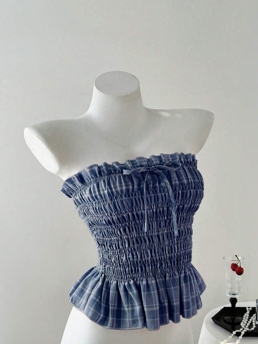 Elamini Women Spring/Summer Bustier Ruffle Hem Bow Tied Slim Fitting ...