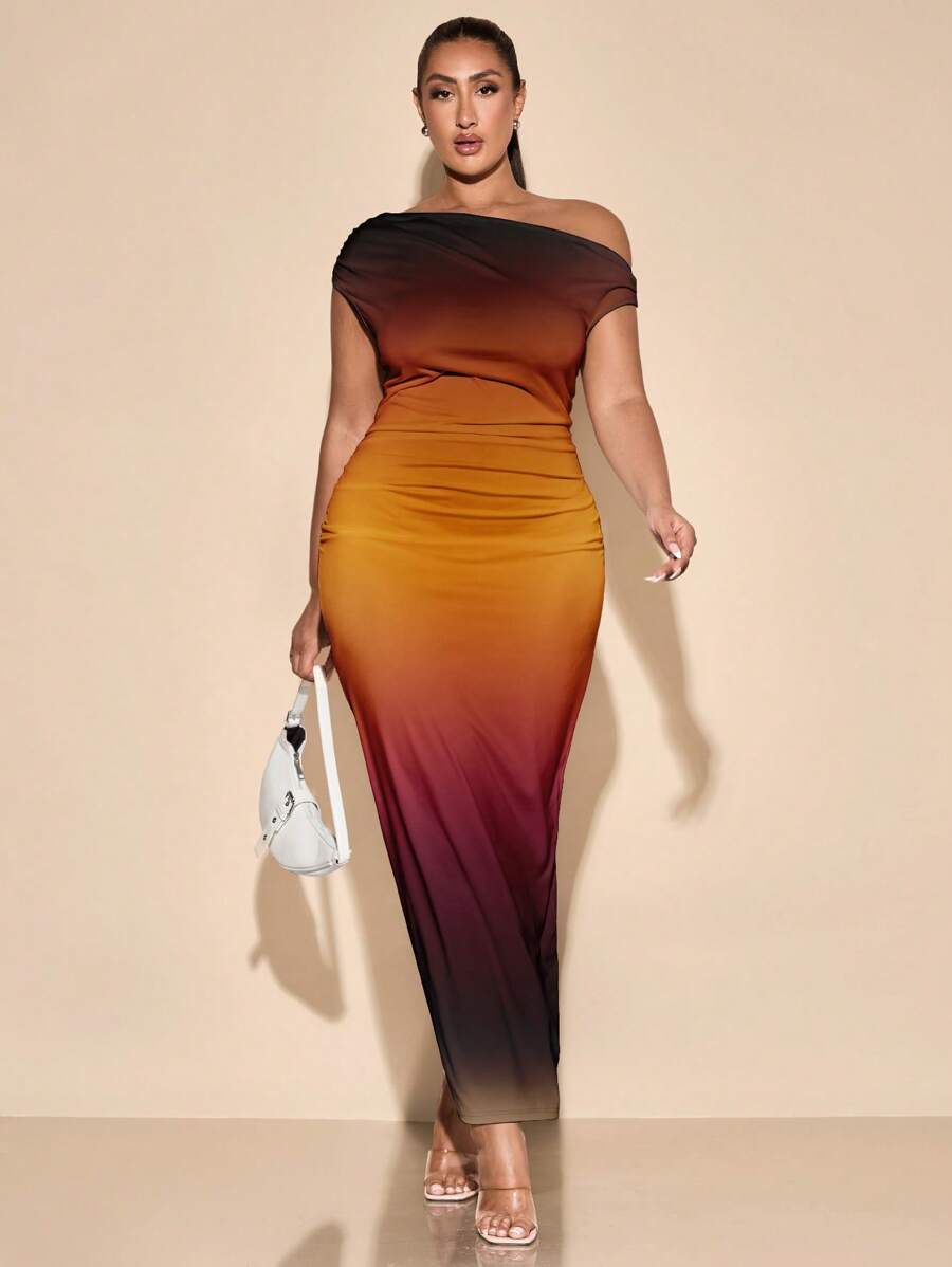 SHEIN BAE Plus Size Elegant Gradient Asymmetric Shoulder Fitted Dress ...