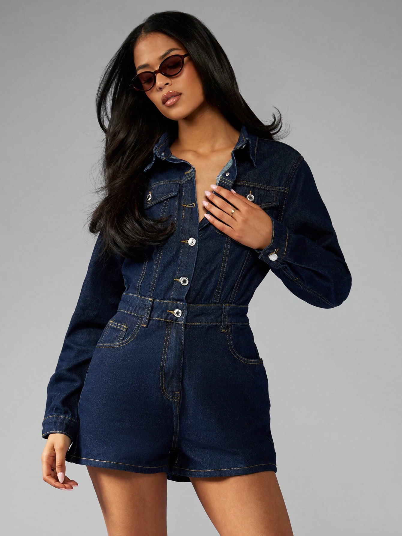 Button Through Denim Romper Jumpsuit Retro Style Workwear Utility ...