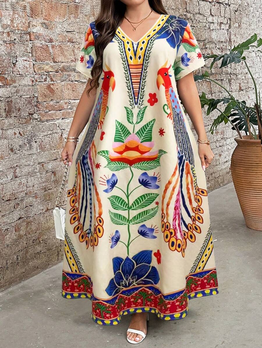 EMERY ROSE Women Plus Size Round Neck Short Sleeve Floral Print Dress, Elegant Everyday Casual ...