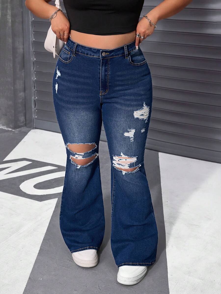 SHEIN CURVE+ Plus Size Women Ripped Bootcut Jeans, Cowgirl Outfits For ...