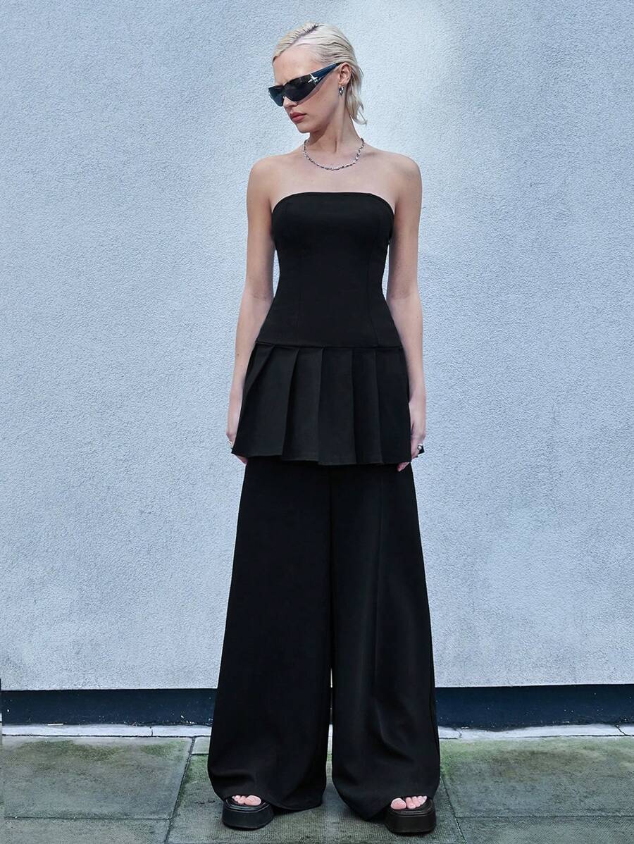 SHEIN EZwear Women's Strapless Solid Color Pleated Simple Dress For ...