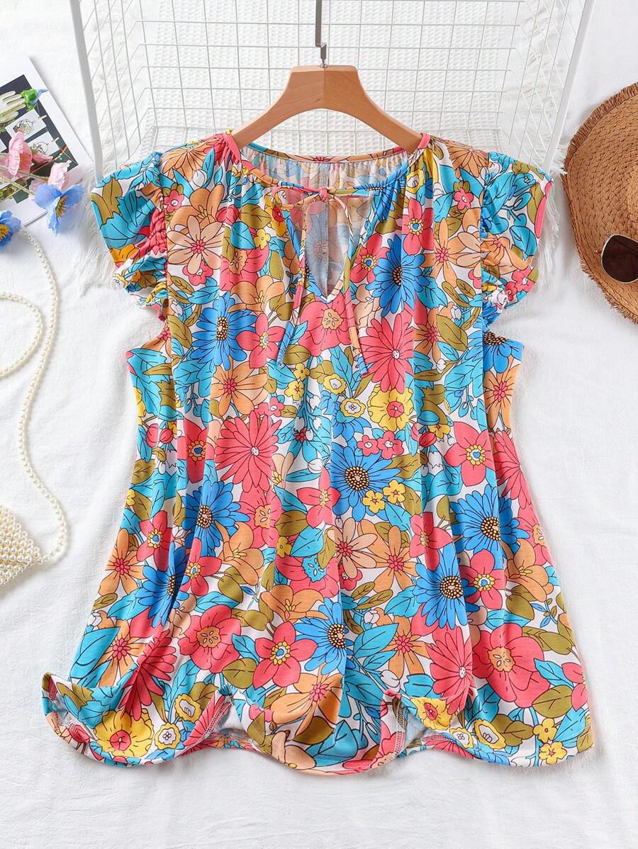 SHEIN LUNE Plus Size Colorful Floral Print Cap Sleeve Blouse Spring ...
