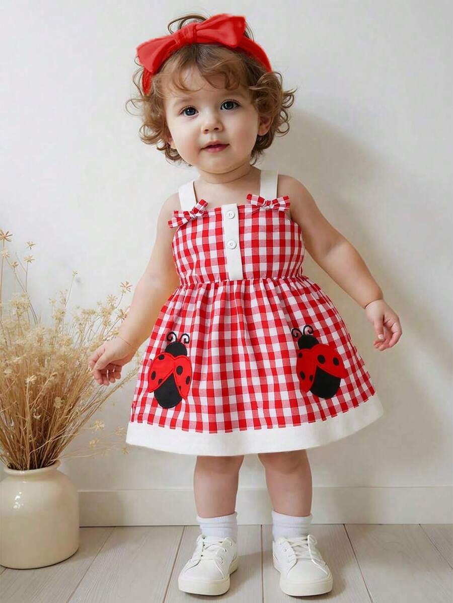 SHEIN Baby Girls Cute Insect Bee Pocket Design Plaid Strap Bowknot A ...