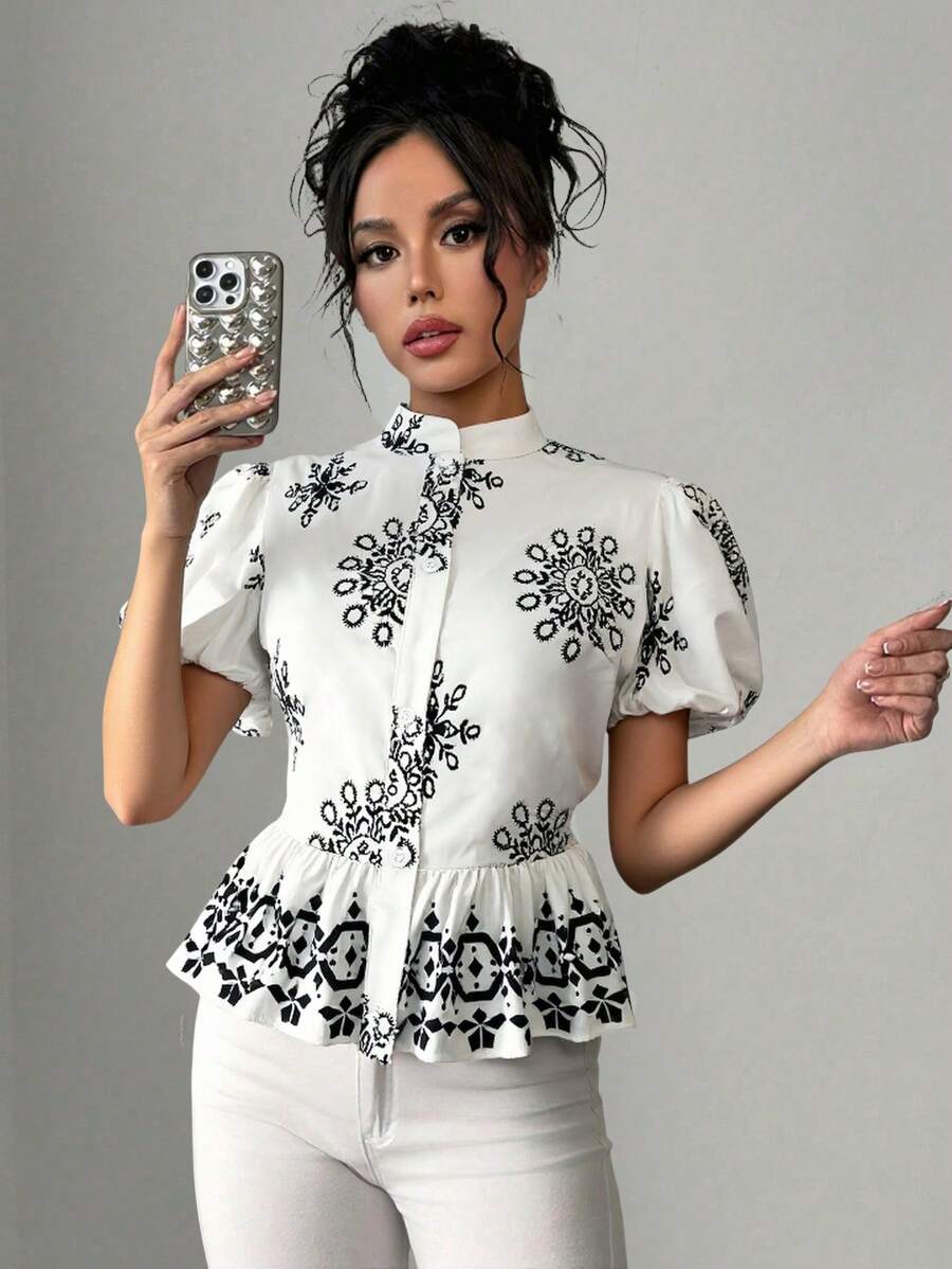 Chiquease Women's Positioning Print Button-Up Patchwork Ruffle Hem Casual Versatile Short Sleeve ...