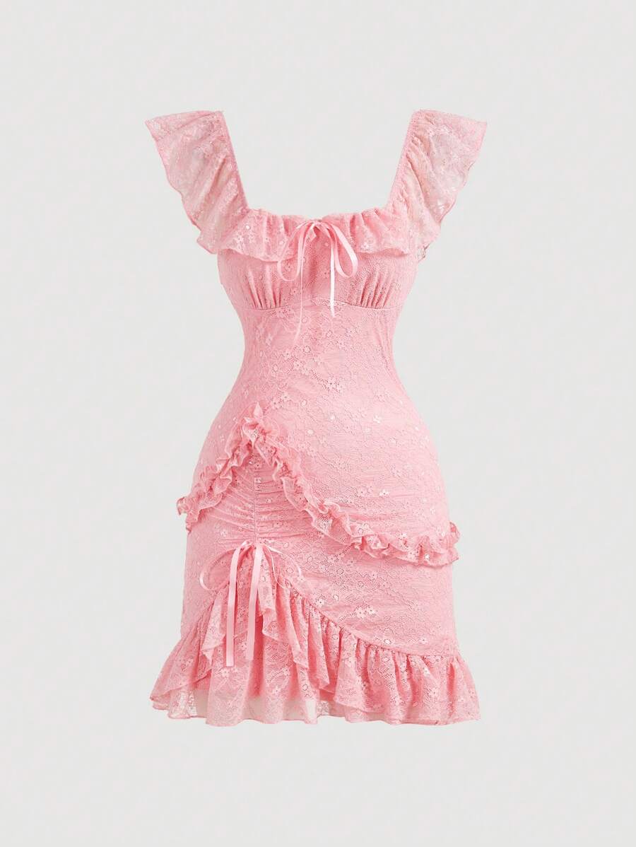 SHEIN MOD White Romantic Ballet Style Lace Ruffle Hem Dress Wedding ...