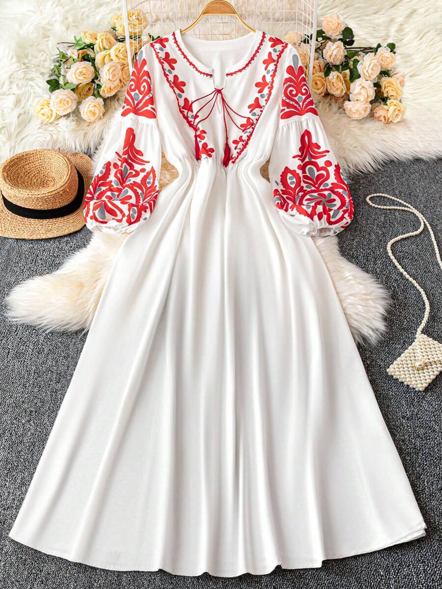 SHEIN LUNE Court Retro Women's Retro Print Round Neck Lantern Sleeve ...