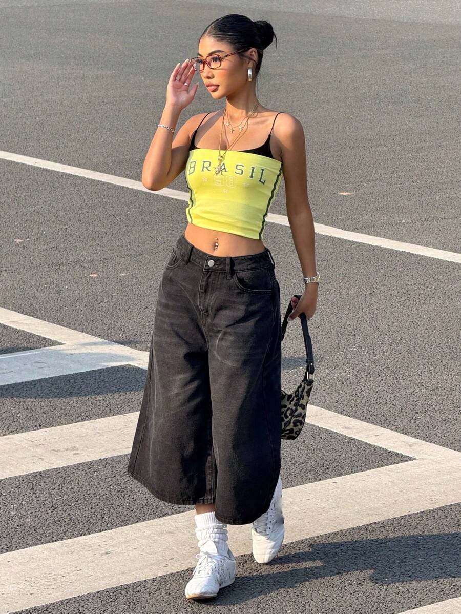SHEIN EZwear Women Y2k Baggy Jorts Vintage Wide Leg Long Jean Shorts ...
