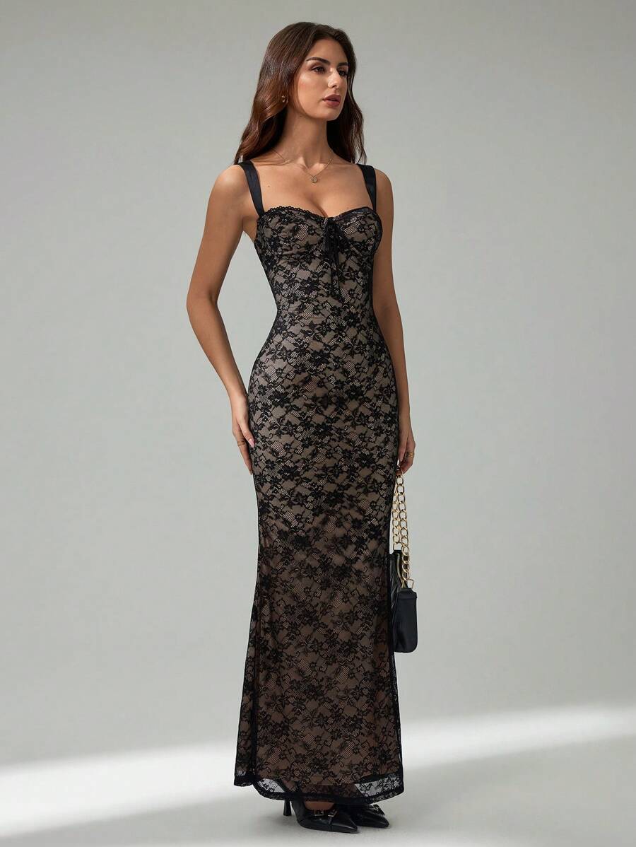 SHEIN Tall Women's Solid Color Lace Fitted Elegant Sexy Date Night Bustier Bodycon Mermaid Dress ...