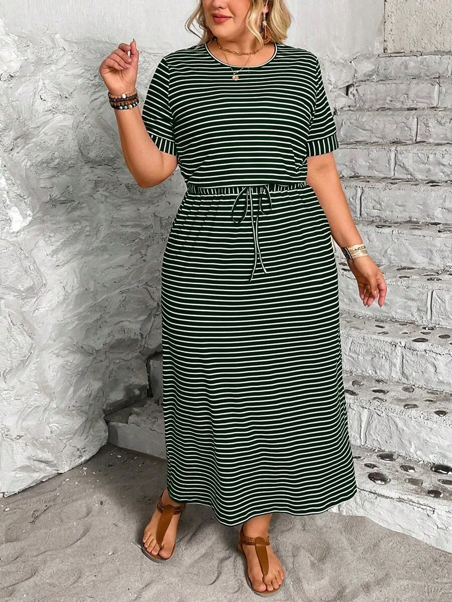 SHEIN LUNE Plus Size Comfortable Elastic Striped Waist Casual Dress For ...
