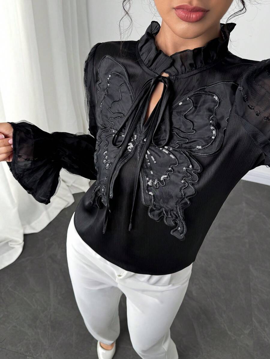 Modelyn Solid Color Bow-Knot Butterfly Ruffle-Trimmed Women Blouse | SHEIN USA