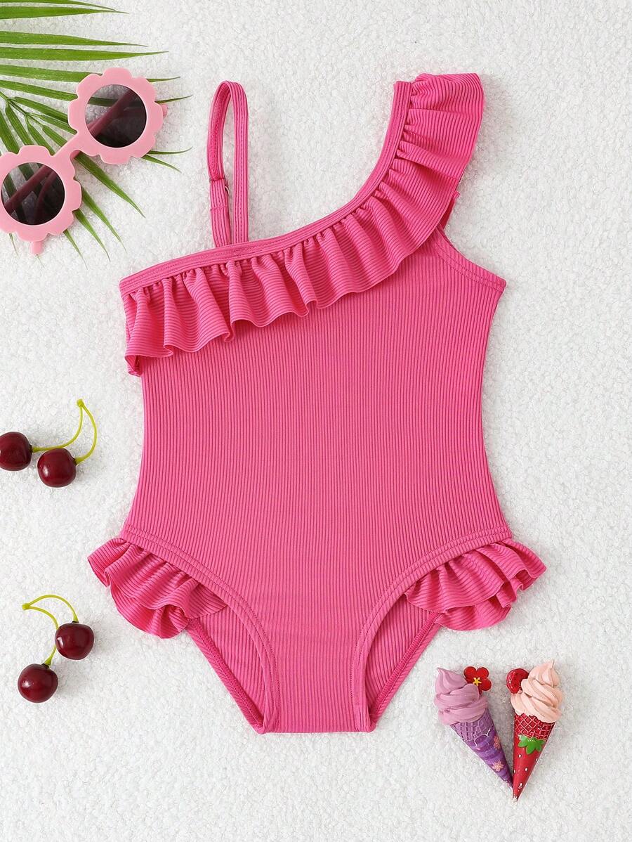Baby Girl Solid Color Ruffled One-Piece Swimsuit, Summer Beach Holiday ...