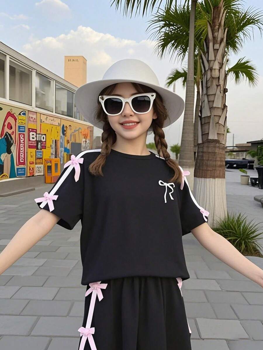 SHEIN Tween Tween Girl Fashion Cute Bow Decor Short Sleeve Top And Mini ...