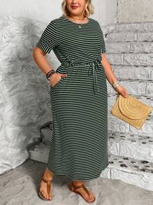 SHEIN LUNE Plus Size Comfortable Elastic Striped Waist Casual Dress For ...