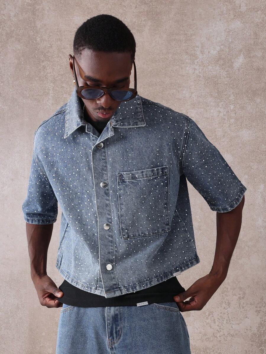 SUMWON Sparkle Pattern Short Sleeve Denim Jacket Cropped Button Front ...