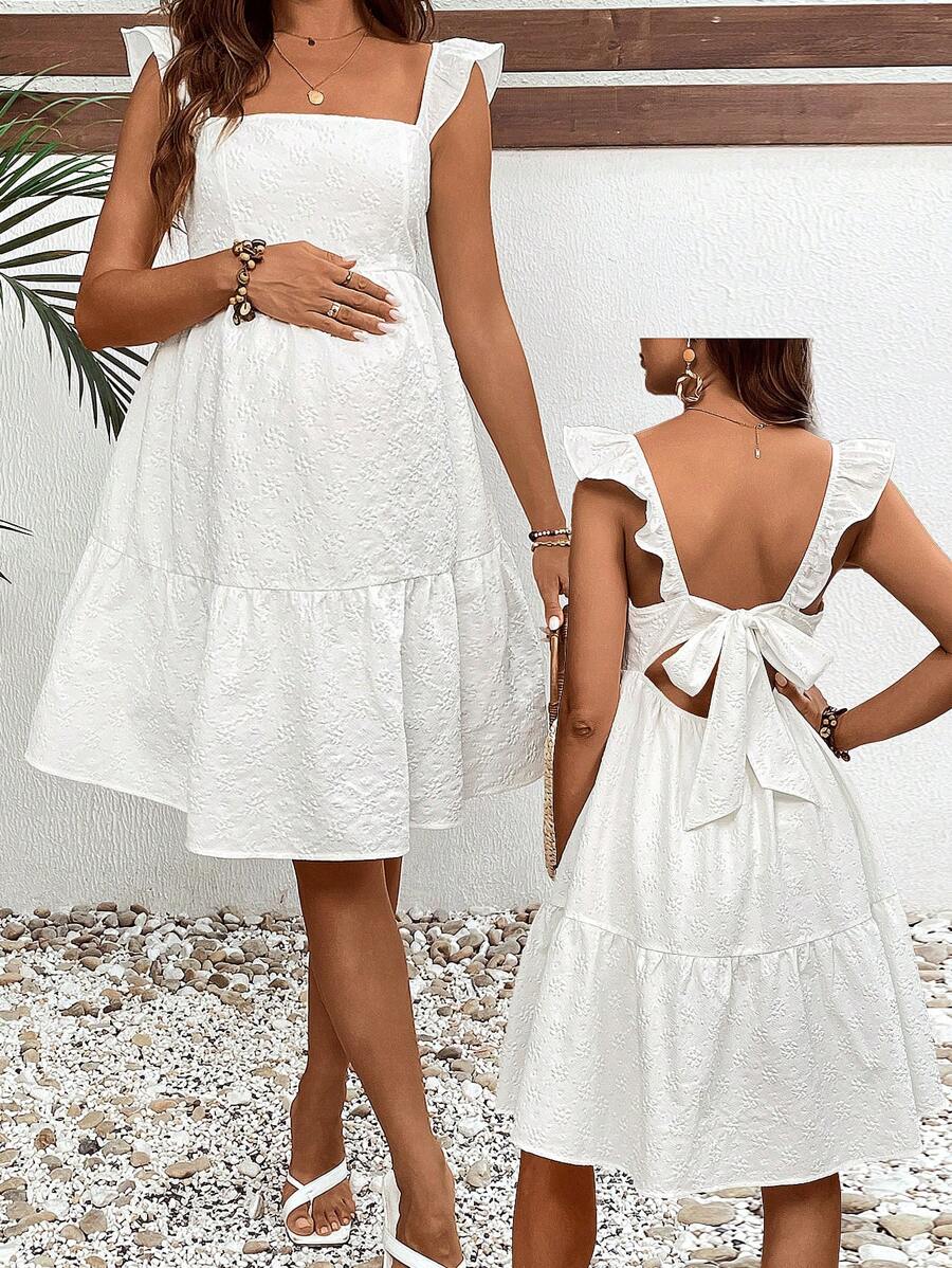 SHEIN Pregnant Women's Solid Color Ruffle Hem Backless Dress, Suitable ...