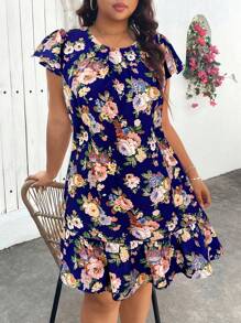 SHEIN LUNE Große Größen Lässig Blumen Muster Rüschenrock Kleid ...