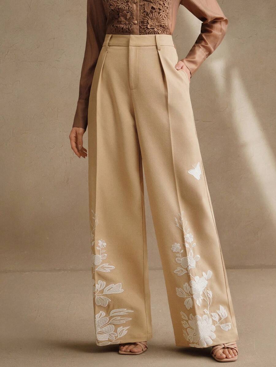 Anewsta Women's Elegant Floral Embroidered Minimalist Versatile Suit Pants, Spring/Summer ...