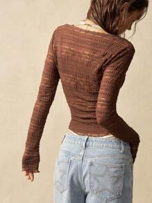 Bohemela Solid Color Knitted Lace V-Neck Long Sleeve Form-Fitting Women ...