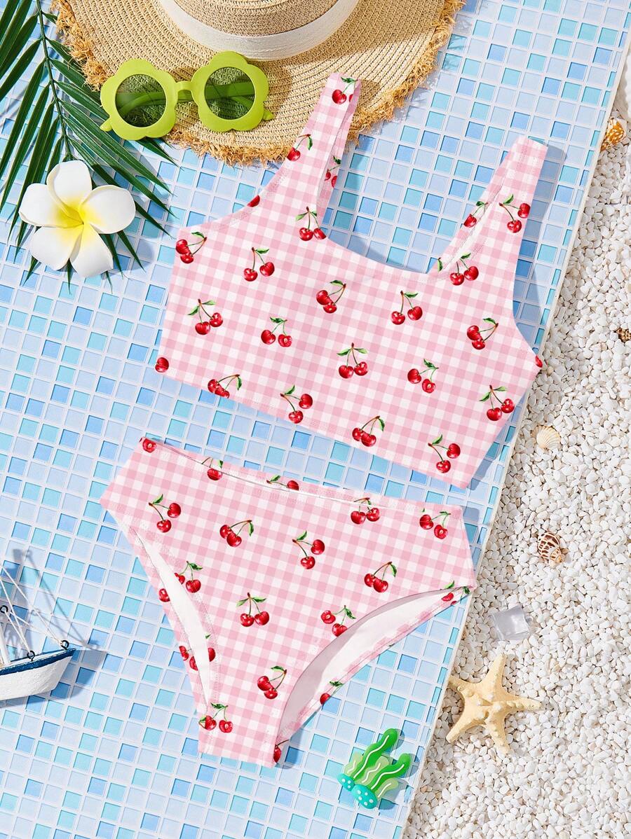 SHEIN Conjunto de top de alça e Maiô Bikini triângulo com estampa ...