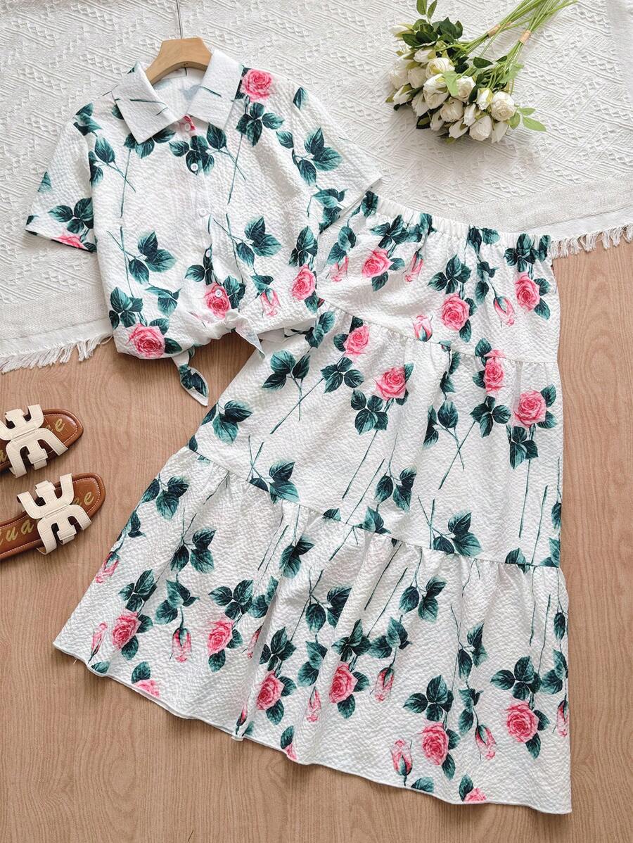 SHEIN LUNE 2 Pieces Romantic Rose Print Shirt And Skirt Set, Casual ...