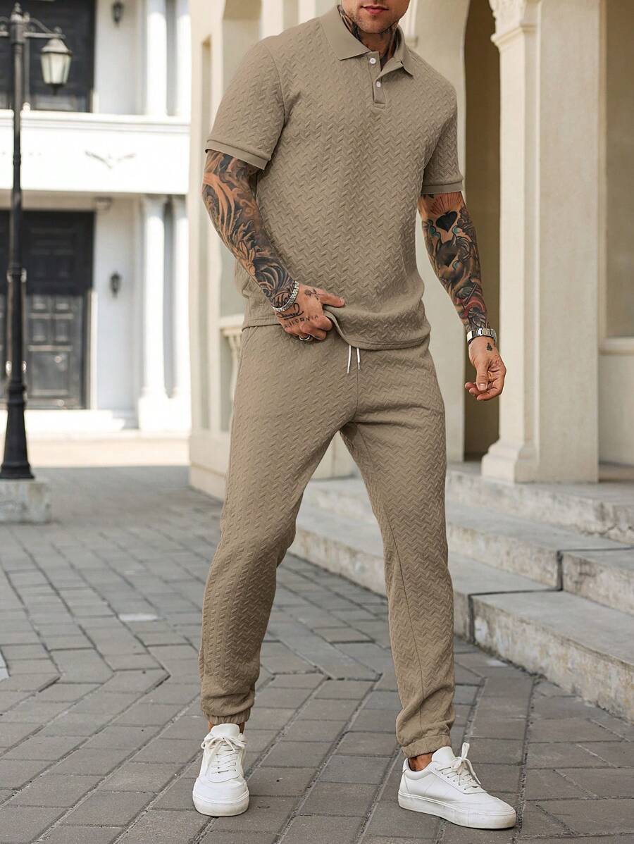 Manfinity Homme Men's Apricot-Color Textured Fabric Short Sleeve Polo Shirt And Long Pants Set ...