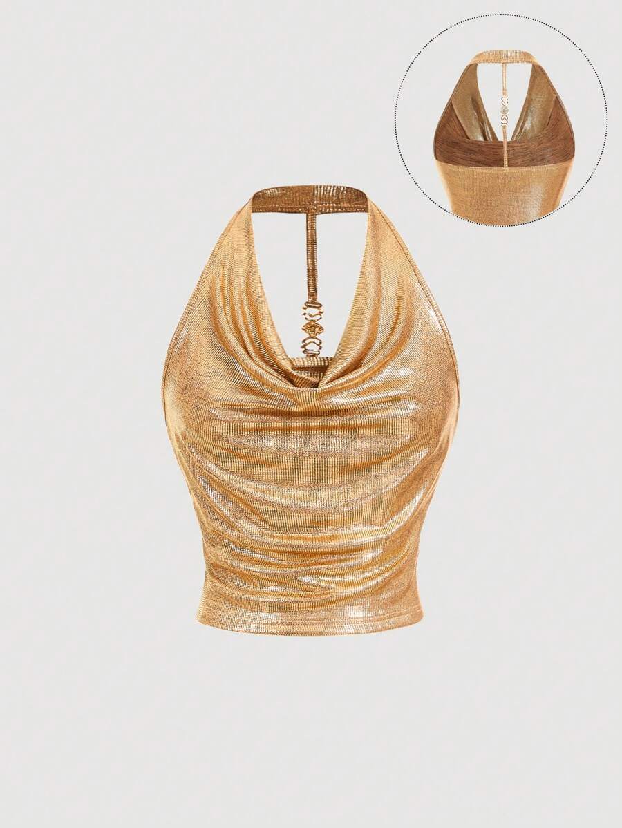 SHEIN MOD Elegant Draped Neck Sequin Women Top, Gold Top,Sequin Top ...