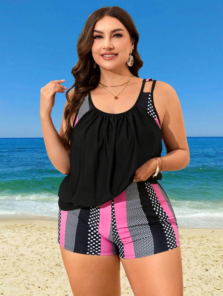 Swim Lushoire Plus Size Summer Vacation Beach Contrast Color Tankini ...