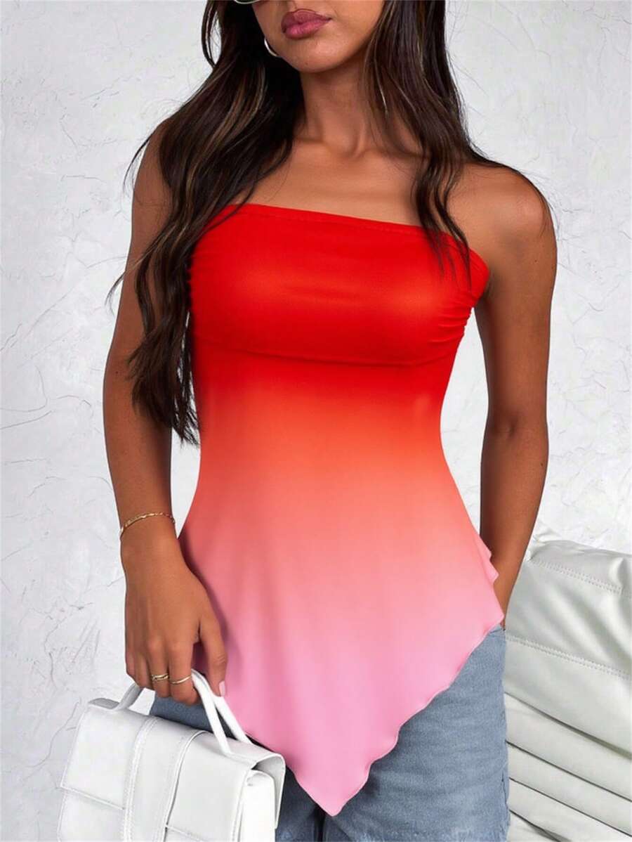 INAWLY Ombre Color Asymmetric Hem Tube Top Sleeveless Shirt For Summer ...