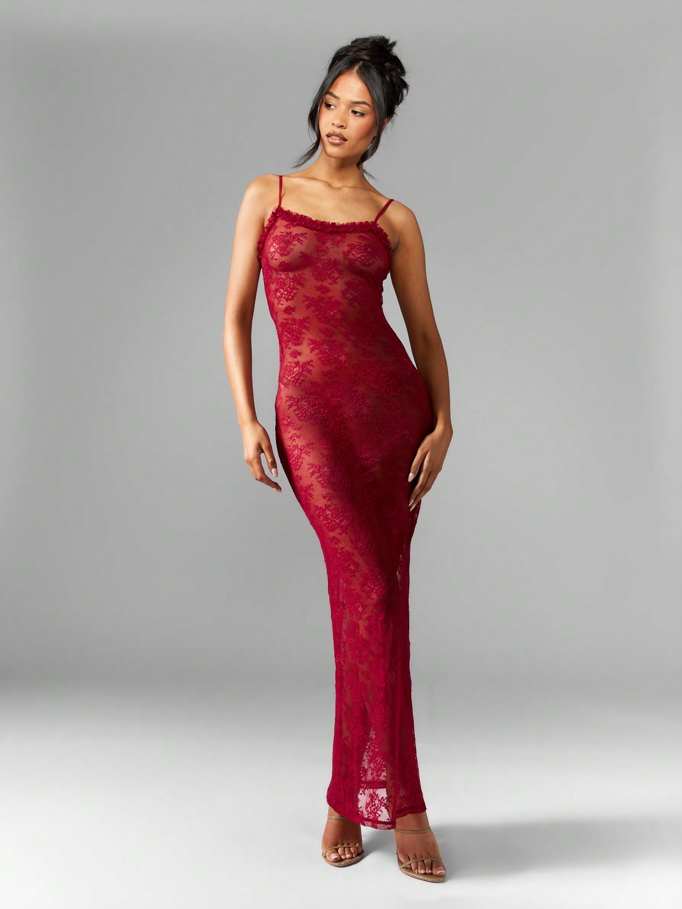 MISSGUIDED Elegant Full Length Lace Ruffle Trim Floor Length Form ...