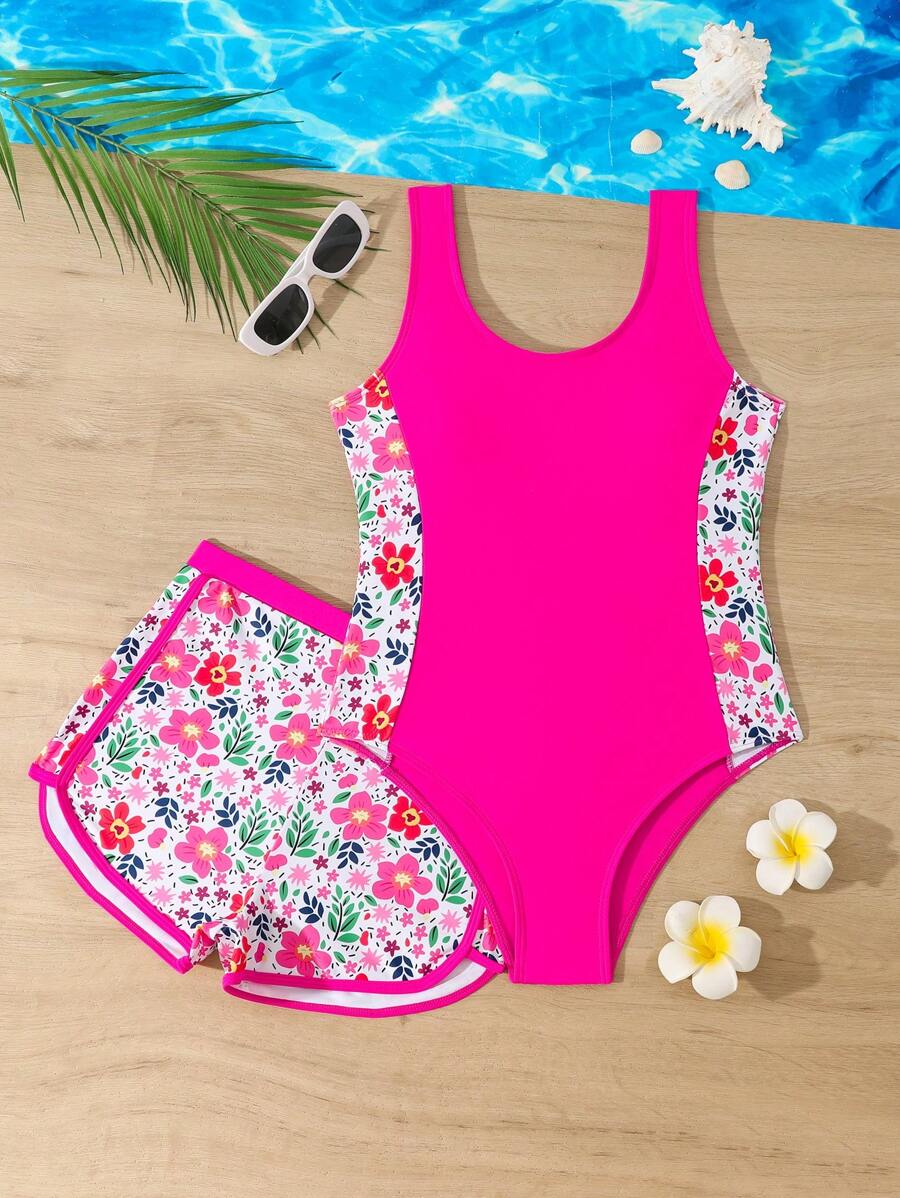 Sparklyn Tween Girls Tropical Flower Print One Piece Swimsuit With ...