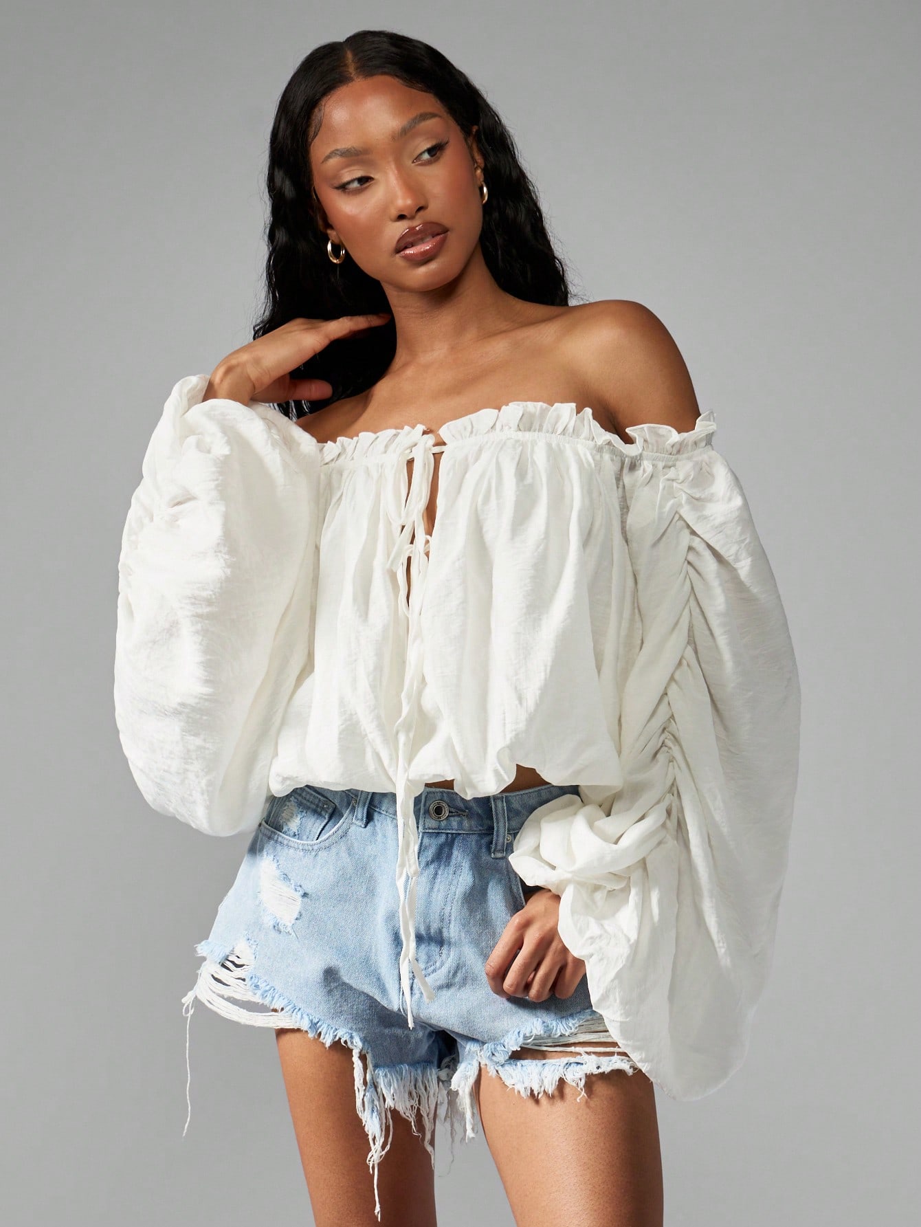 MISSGUIDED Off Shoulder Balloon Sleeve Peasant Blouse｜MISSGUIDED