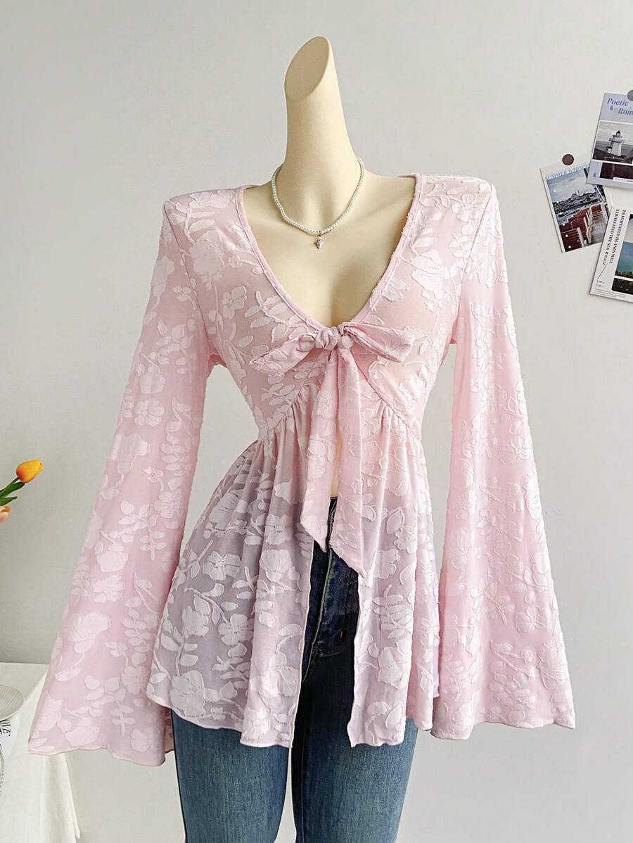 Soleia Women's Floral Jacquard Tie Front Trumpet Sleeve Fashion Blouse,See Through Top | SHEIN USA