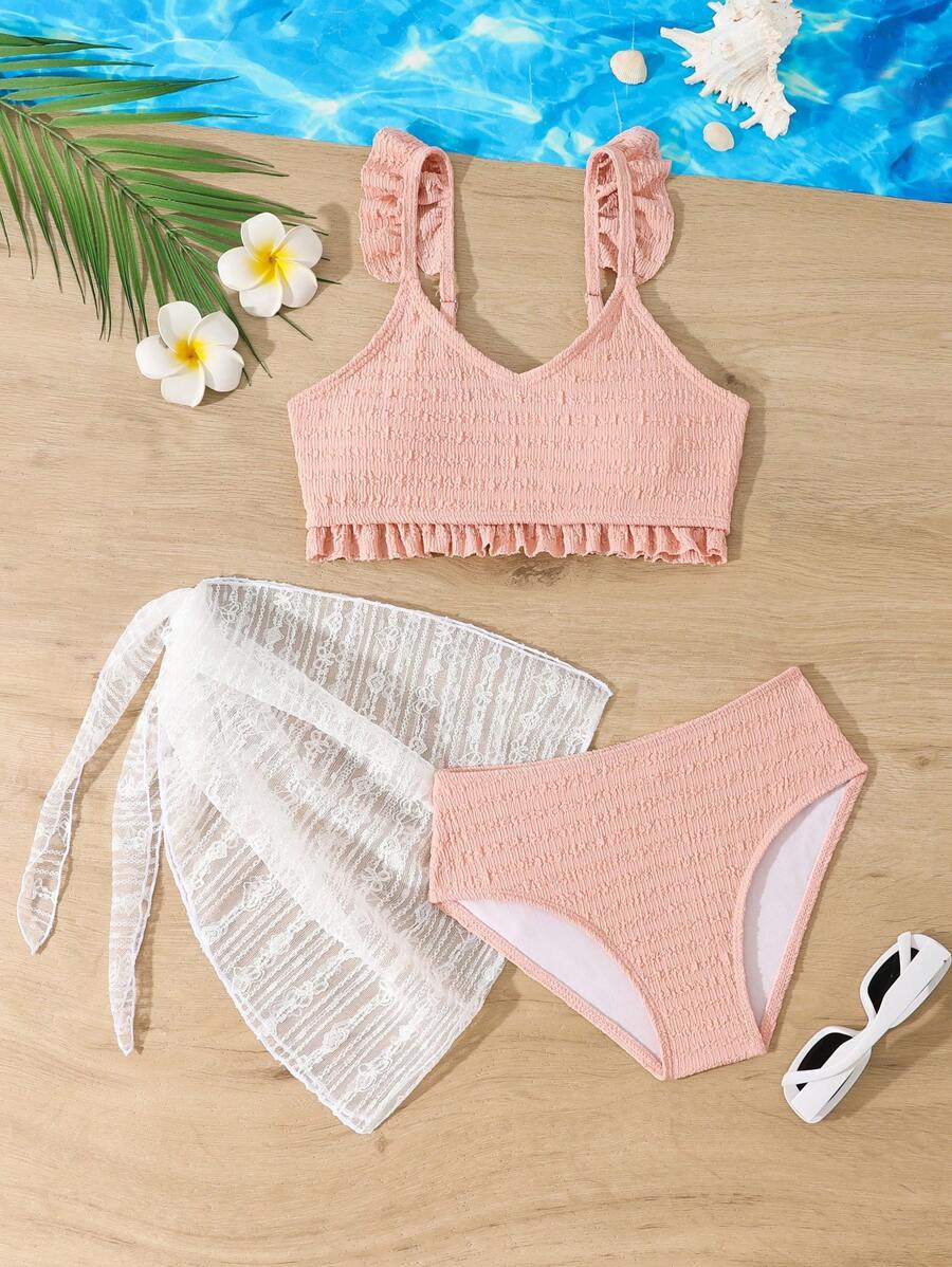 Tween Girl Solid Color Ruffled Swimwear Set With Cover-Up Skirt, For ...