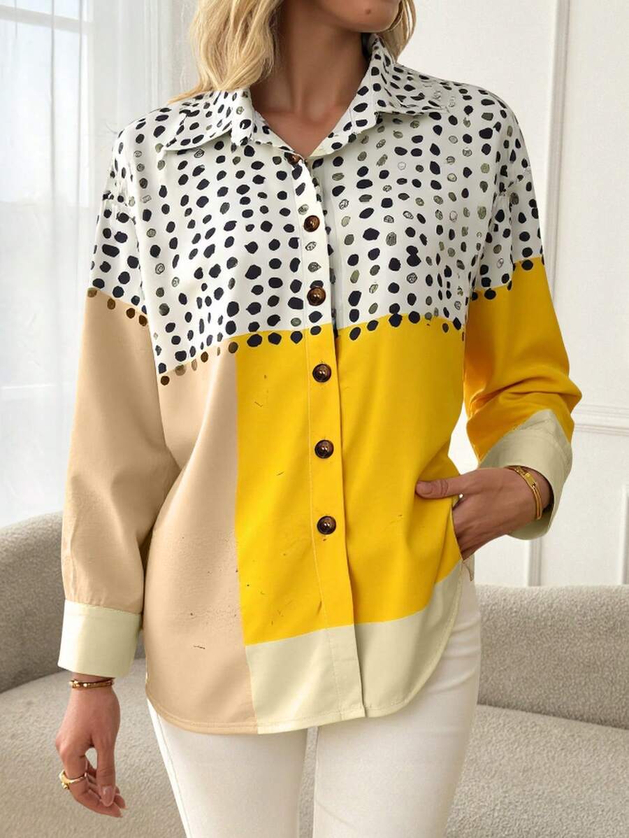 Women's Colorblock Polka Dot Print Blouse | SHEIN USA