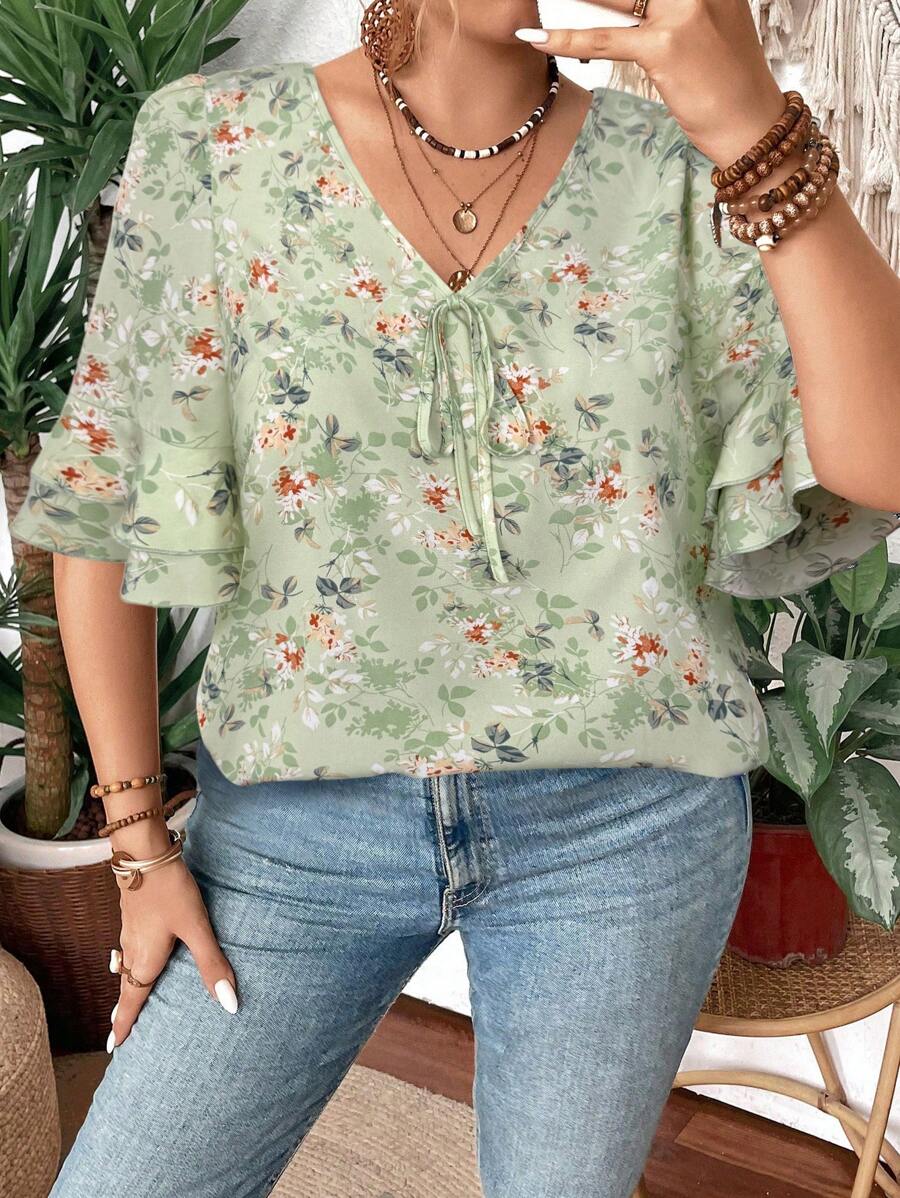 EMERY ROSE Women V-Neck Floral Print Ruffle Double Layer Mid Sleeve ...