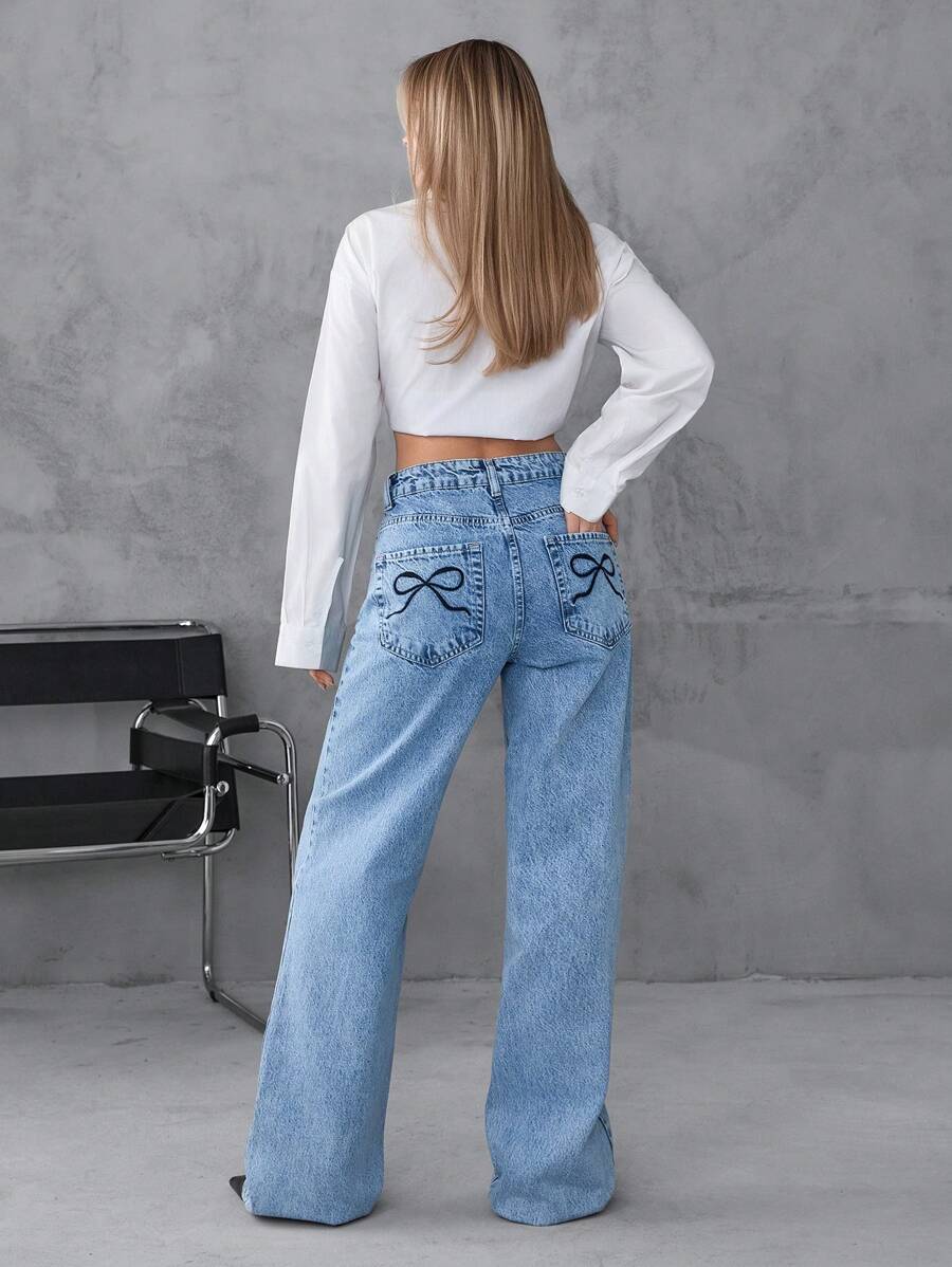 RueChic Low-Rise Snowflake Washed Pocket Bow Embroidered Wide-Leg Jeans ...
