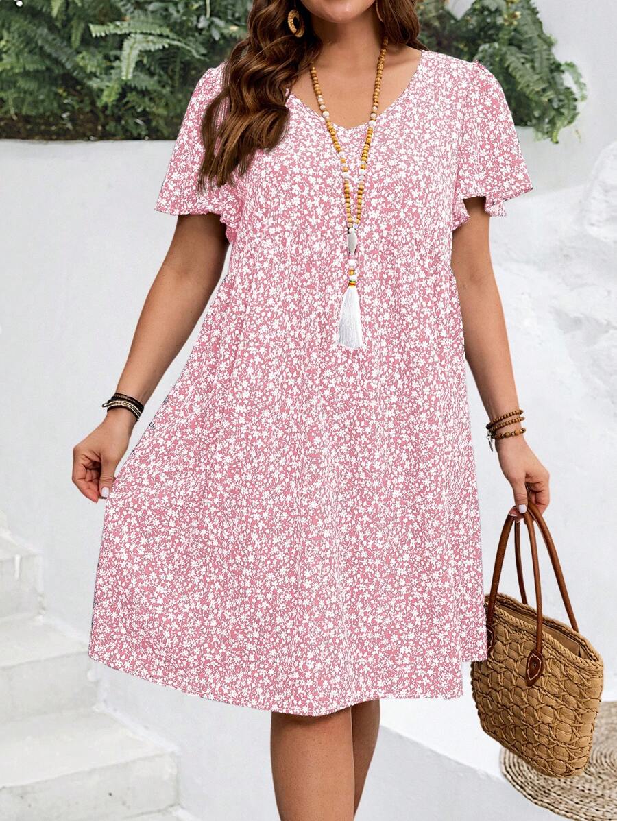 EMERY ROSE Plus Size Women's Summer Ditsy Floral Ruffle Sleeve Holiday Dress,Sun Dresses For ...
