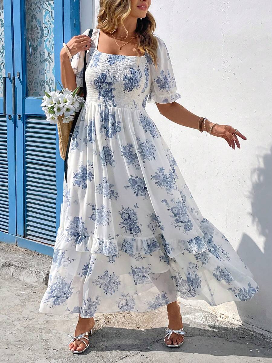 SHEIN VCAY Plus Size Romantic Chiffon Printed Puff Sleeve Dress Maxi ...