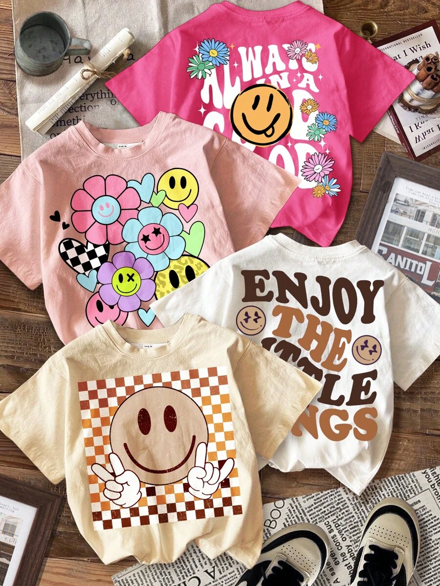 Young Girl Casual Minimalist Round Neck Short Sleeve Basic T-Shirt ...