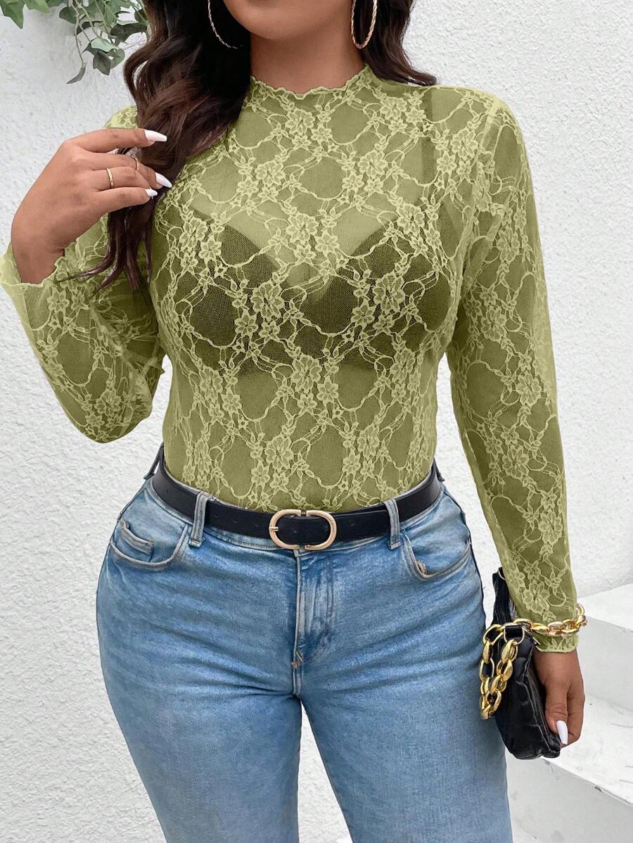 SHEIN Clasi Plus Size Women Sexy Skinny Transparent Lace Long Sleeve ...