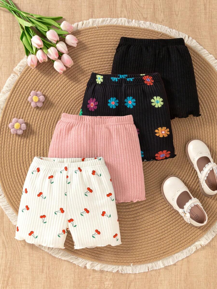 4pcs Girls Casual Chic Cute Floral & Cherry Print + Solid Ribbed ...